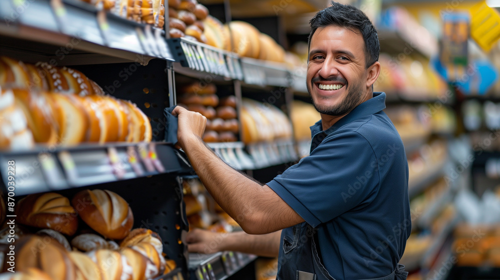 at a bakery aisle, man portrait of a supermarket employee, confident ...
