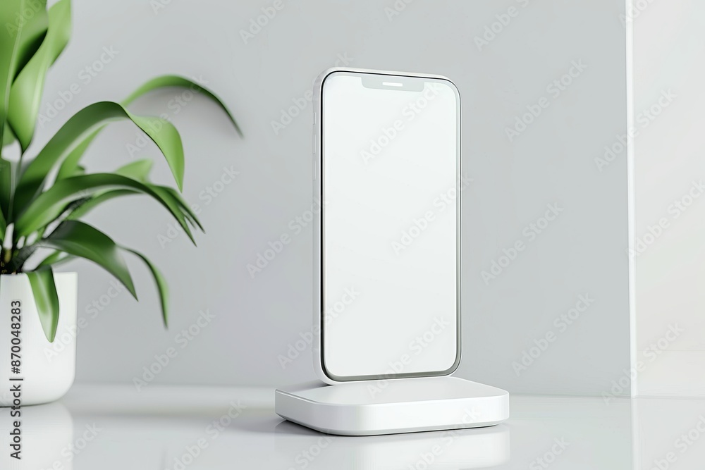 Smartphone with white screen on a stand in an interior with plants ...