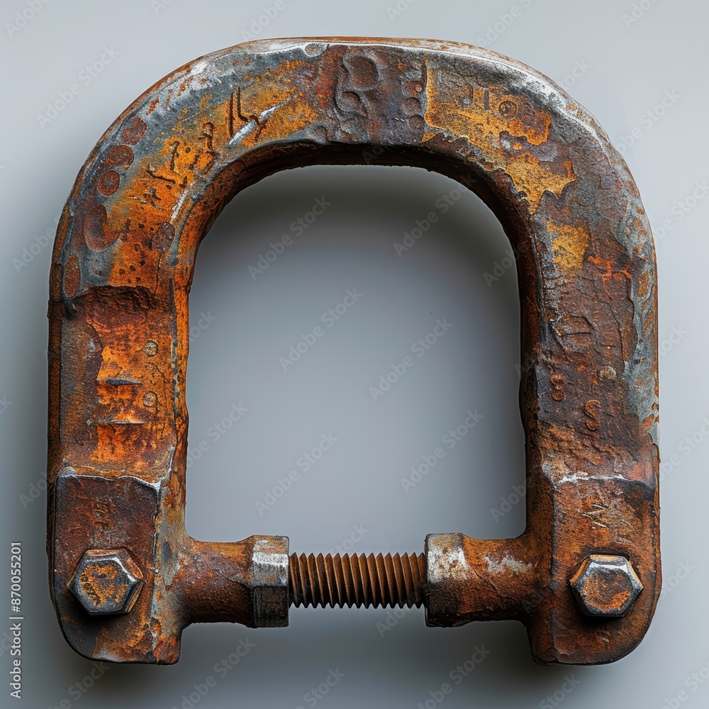 Old and rusted U-shaped metal clamp with bolts and screws showing ...