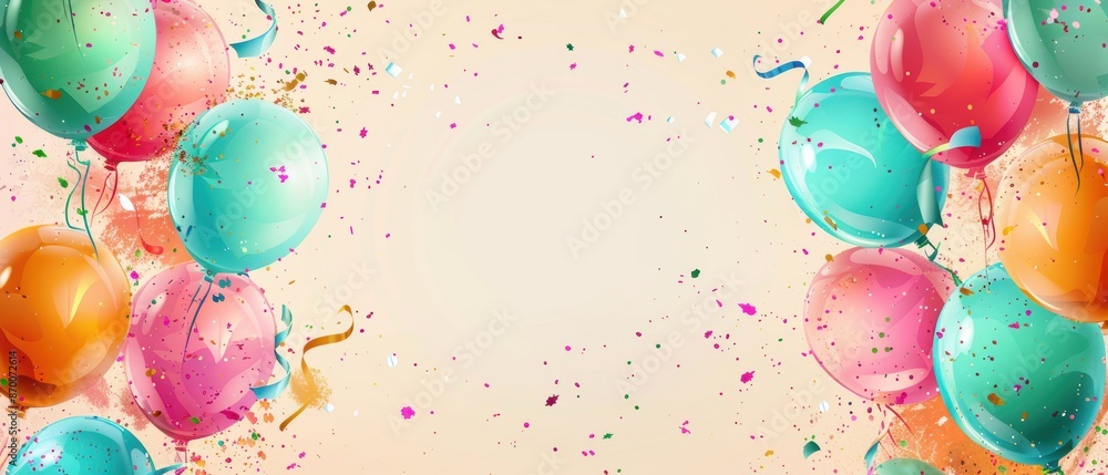 Birthday card template with a vibrant border of balloons and confetti ...