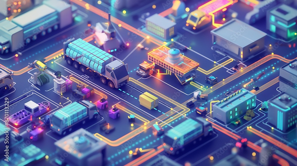 Futuristic map of an automated supply chain network illustrating drone ...