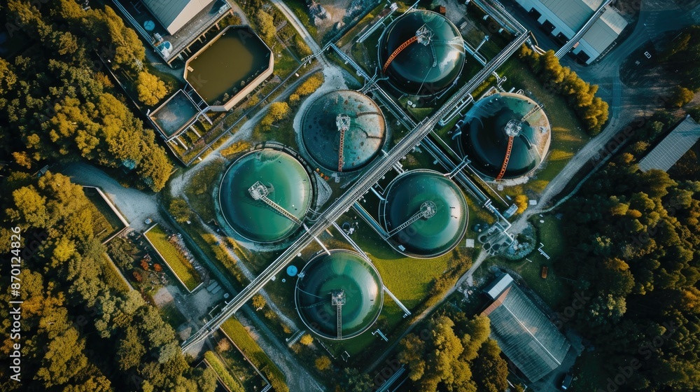 Biogas plant converting organic waste into energy, large storage tanks and processing units ...