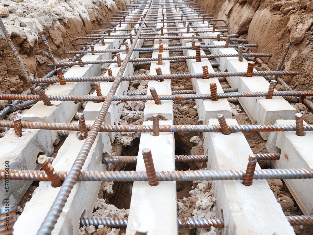 Close-up of concrete rebar structure in foundation construction site ...