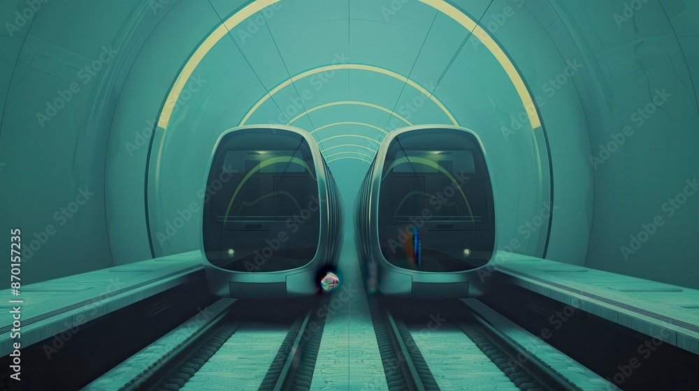 Futuristic underground transportation system with two sleek train pods ...