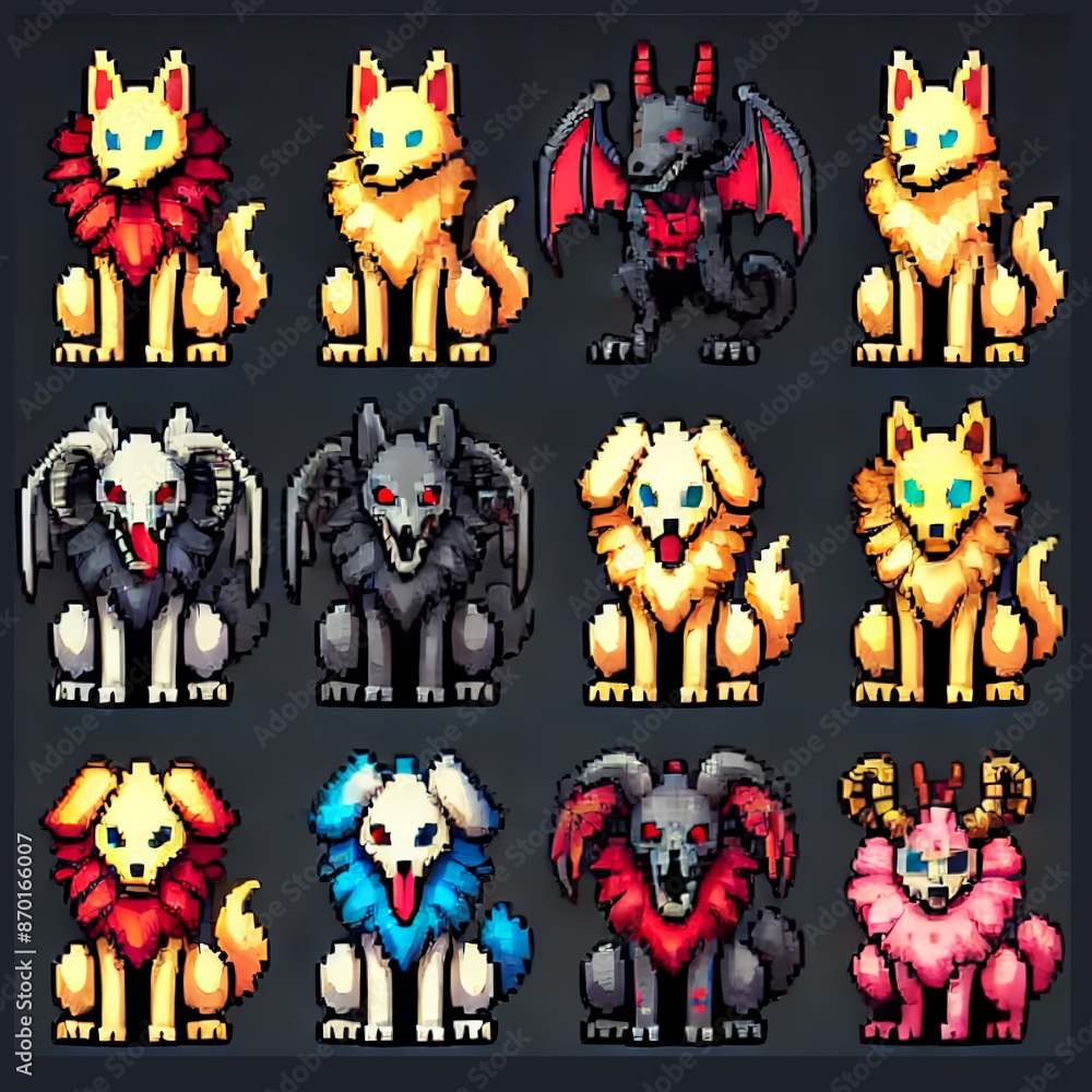 Ilustración de Stock Cerberus Themed Pixel Art Icons for RPG Sprite ...