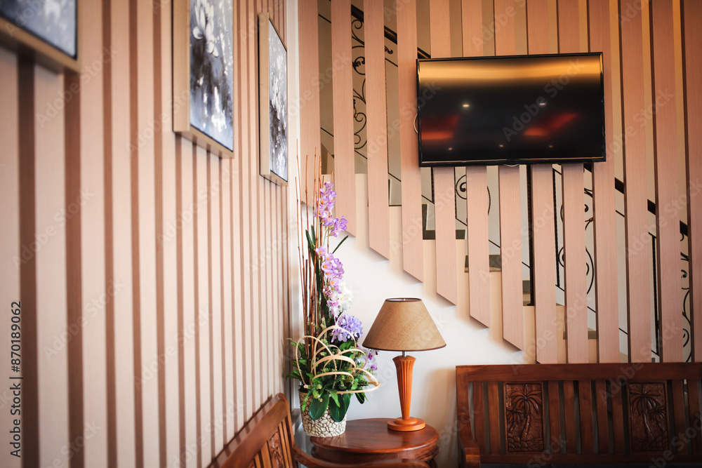 Interior of a modern hotel reception. Hotel waiting room. Waiting area ...