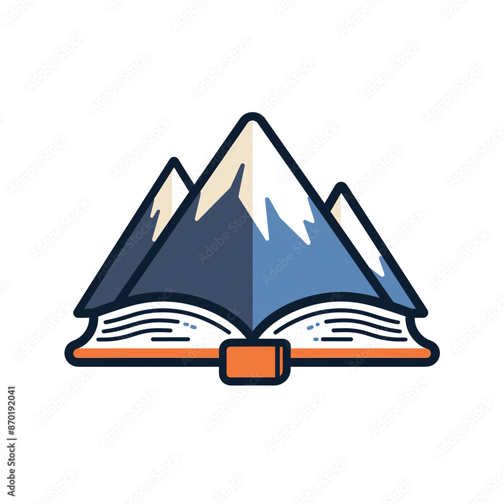 Minimalist cartoon vector logo of a mountain range blending with a book ...
