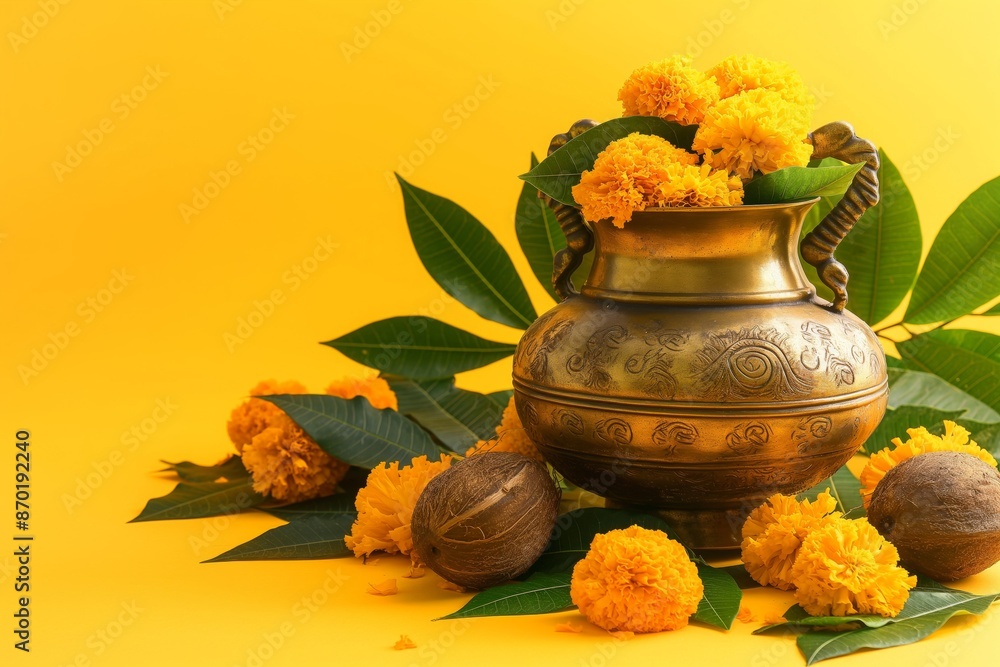 Traditional Brass Kalash with Coconut and Marigold Flowers for Hindu ...