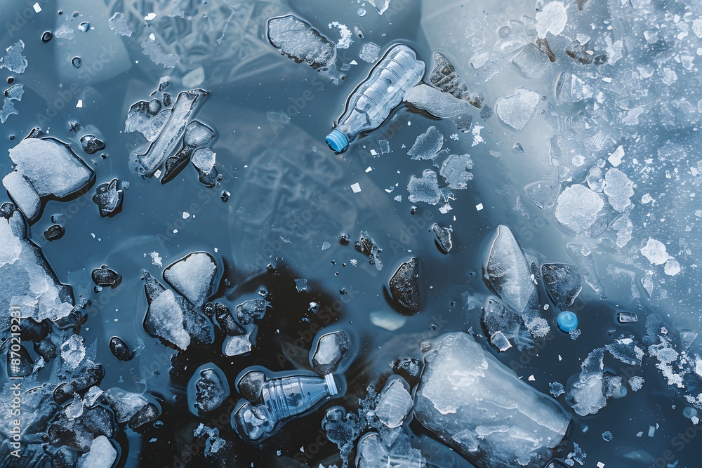 An aerial view of an ice lake with transparent bubbles, plastic bottles ...