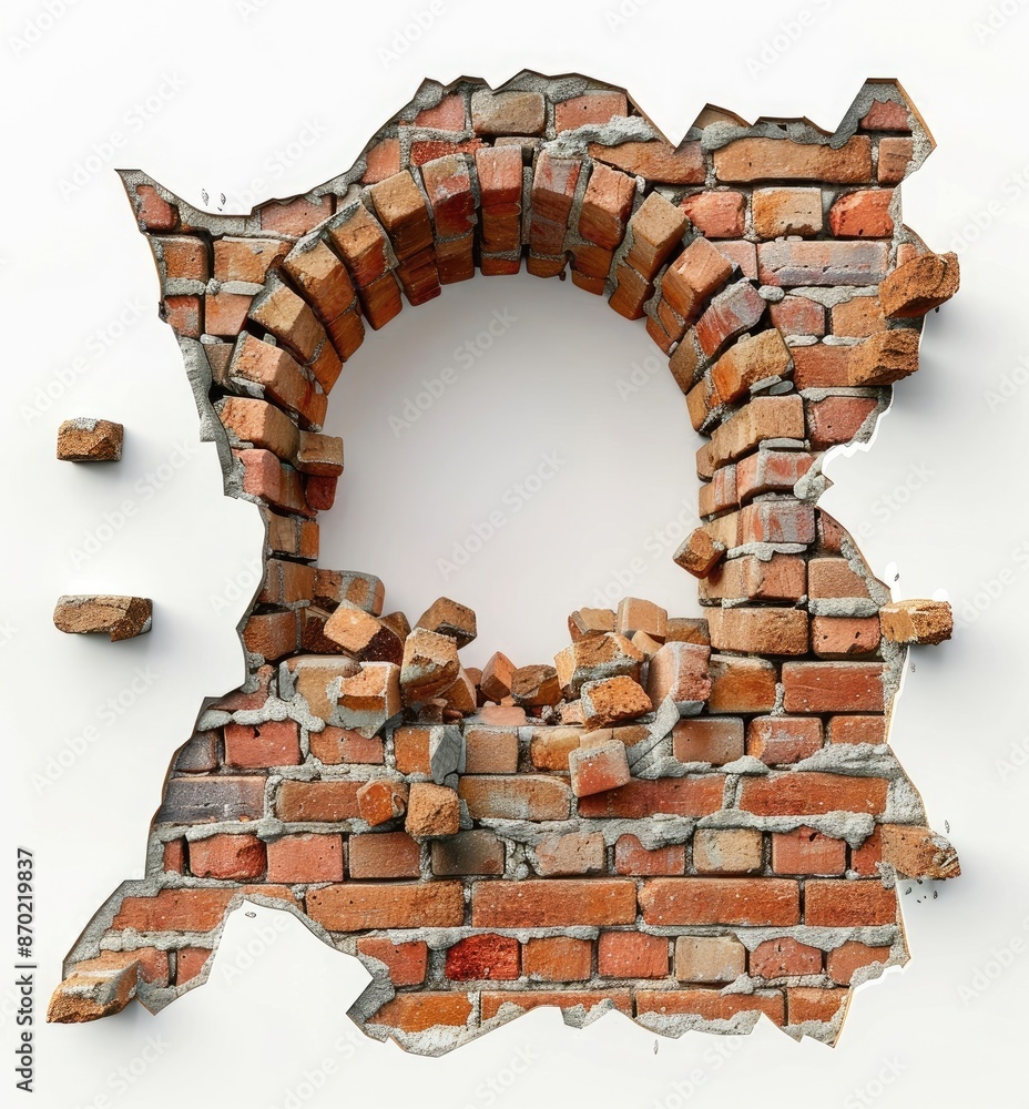 3d hole in brick wall with white background inside bricks falling down ...