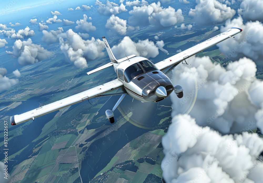 private small engine clouds single flight airplane cloud wheel travel ...