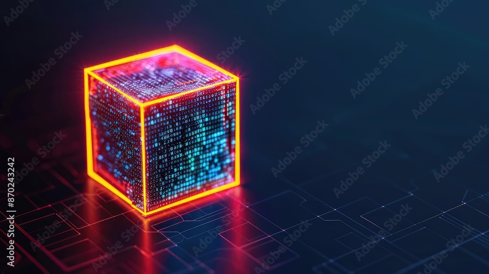 Blockchain technology, glowing neon digital ledger, dark futuristic ...