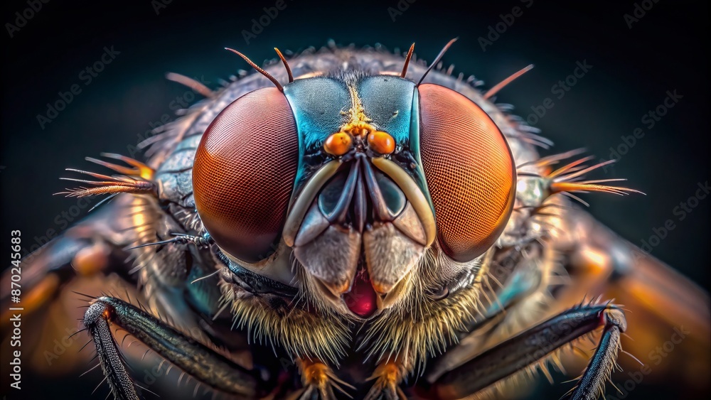 Macro view of a common housefly's facial features, compound eyes, and ...