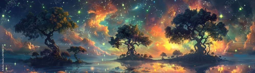 Floating islands with twisted trees under cosmic skies, Fantasy ...