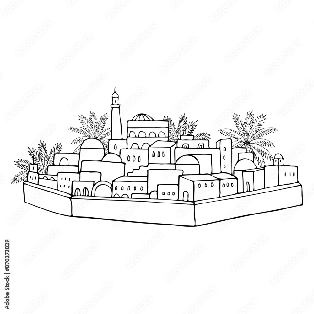 Middle east ancient city oasis with palm trees in desert line vector ...