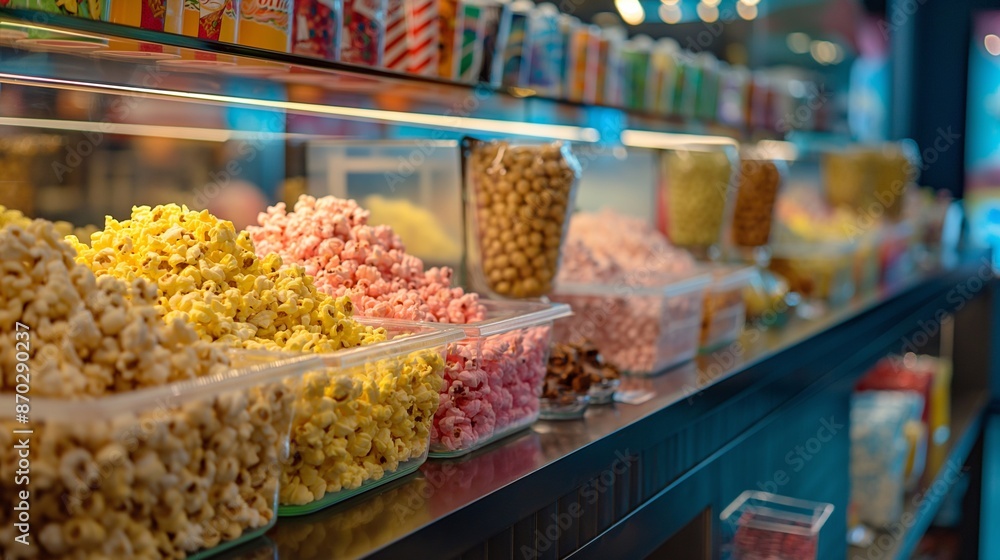 A meticulously organized cinema concession stand featuring an extensive ...