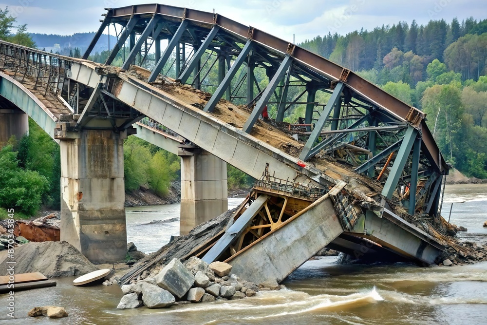accident scene of falling bridge with debris Stock Photo | Adobe Stock