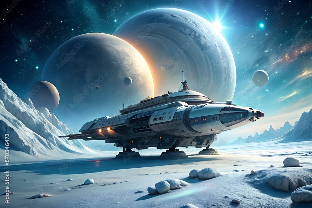 Futuristic spaceship landed on an icy planet with two moons in the sky ...