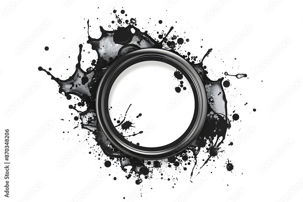 Abstract black ink splash with circular frame on white background ...