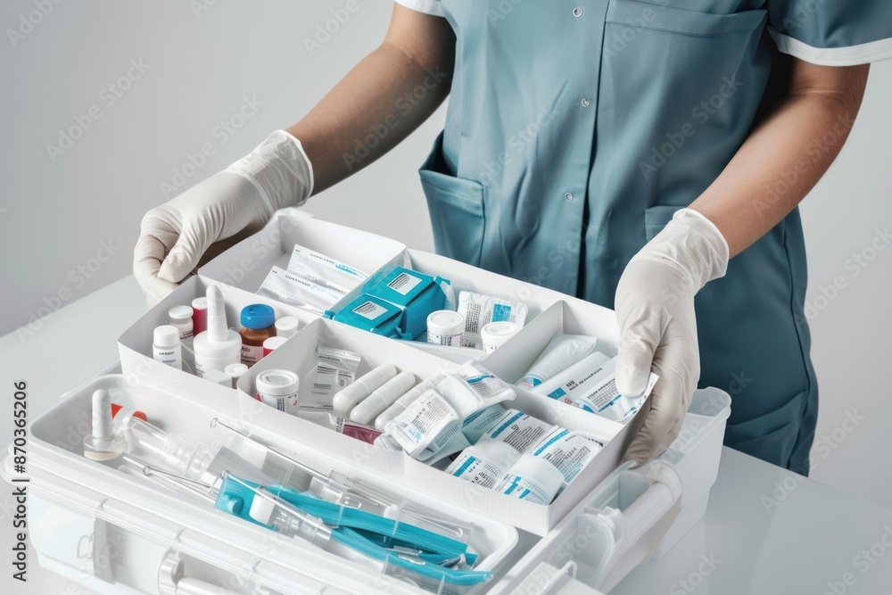 Nurse arranging medical supplies, organized approach, Portrait half ...