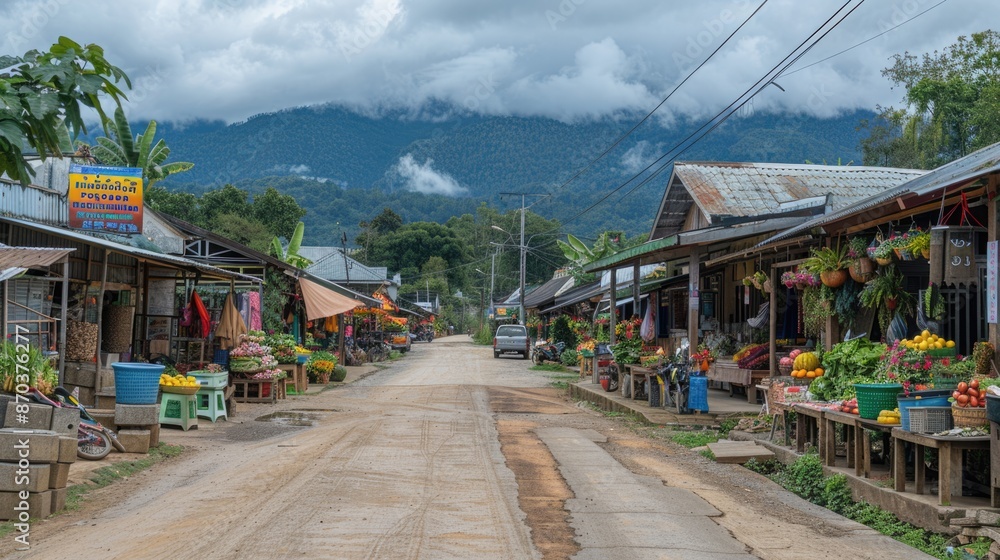 Asian street market with traditional local Thai cottage style at ...