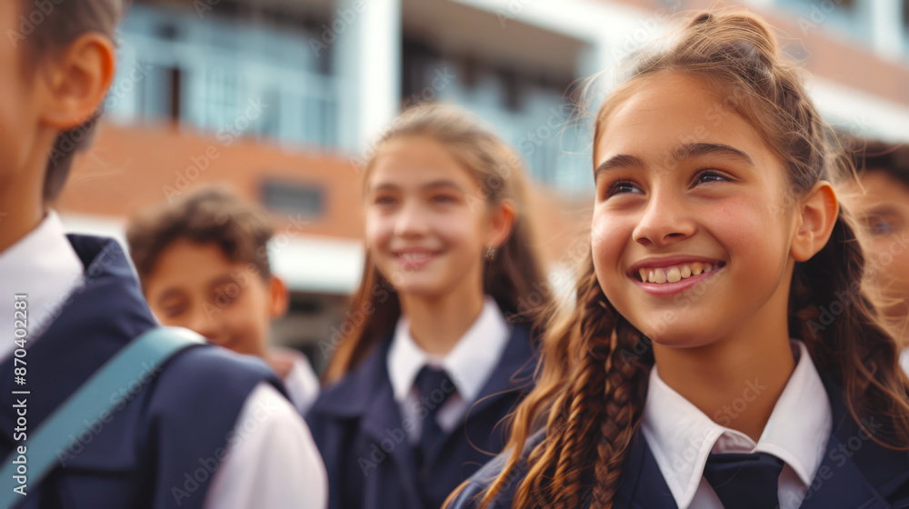 Back to school. A candid portrait of a happy schoolgirl in a beautiful ...