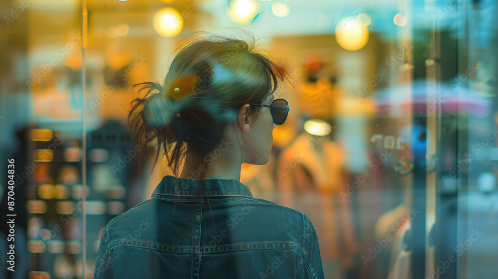 Young woman with sunglasses and messy bun observing storefront window ...