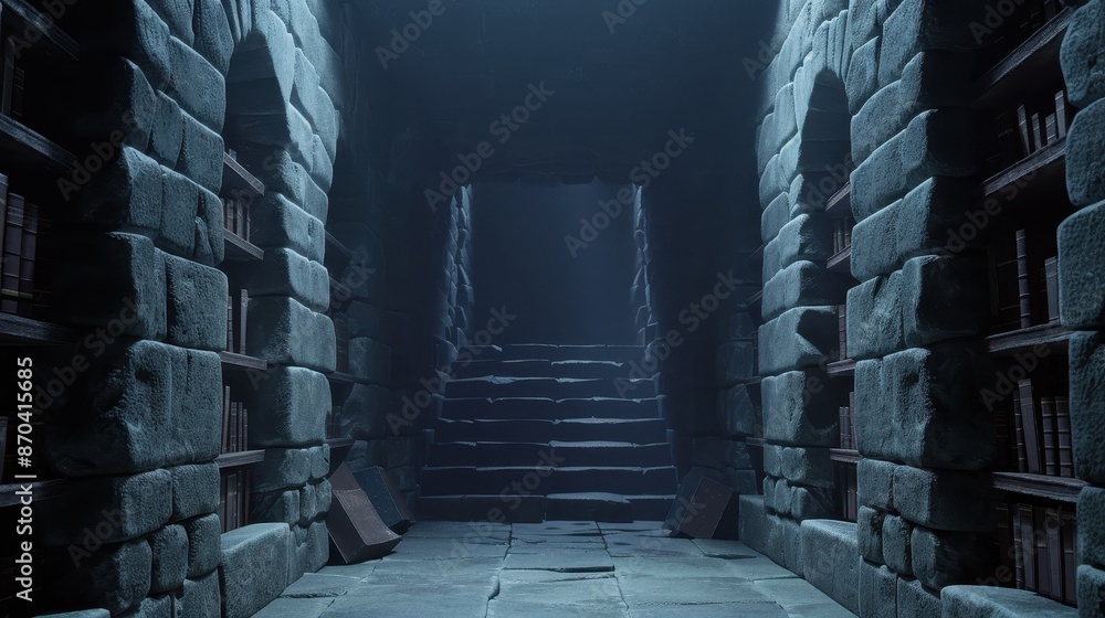 Dimly lit ancient stone dungeon corridor with imposing archways, worn steps, and bookshelves ...
