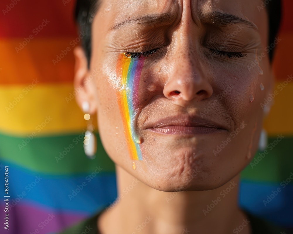 An emotional moment as a person sheds a rainbow-colored tear against a ...