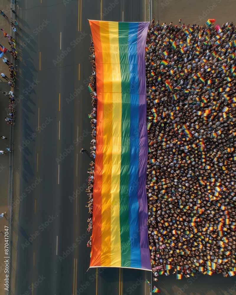 Aerial view of a large crowd with a giant rainbow flag at a pride ...