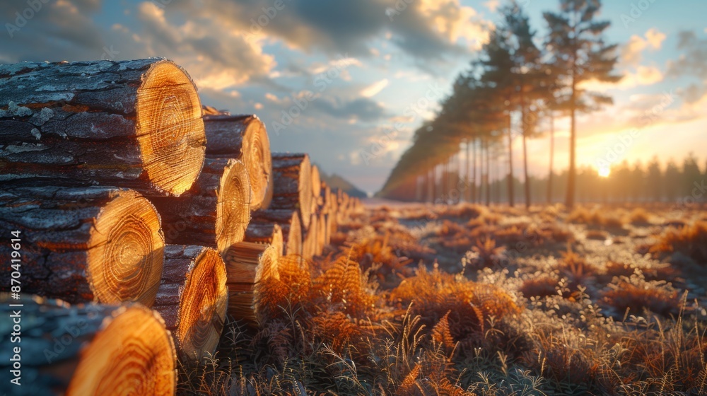 Deforestation forest and Illegal logging. Cutting trees. Stacks of cut ...