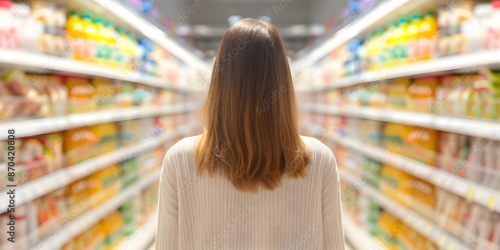 Woman comparing grocery products for nutrition prices and ingredients ...