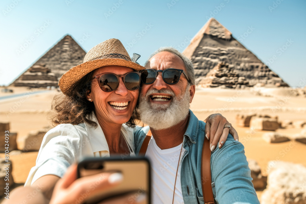 A joyous older couple poses excitedly by the ancient pyramids in the ...