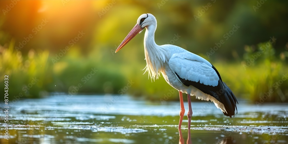 Majestic stork with long legs and neck standing elegantly in shallow ...