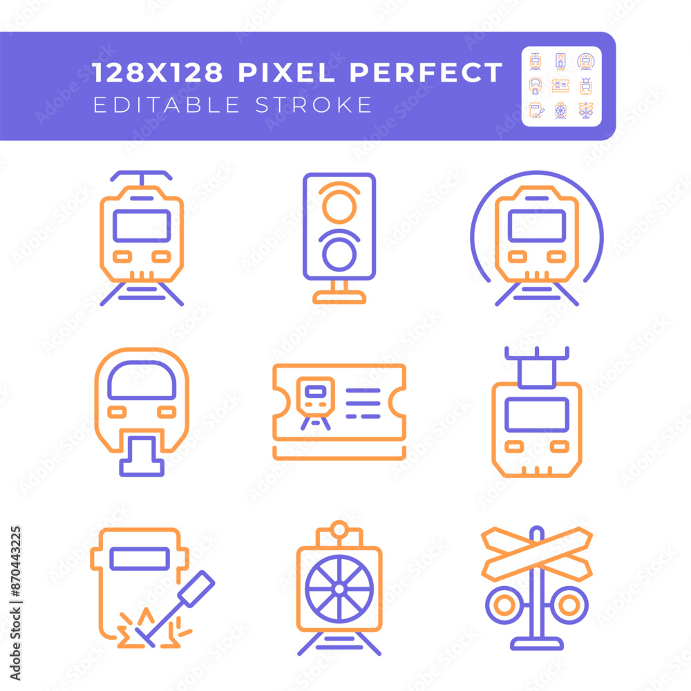 Railroad company two color line icons set. Train transportation ...