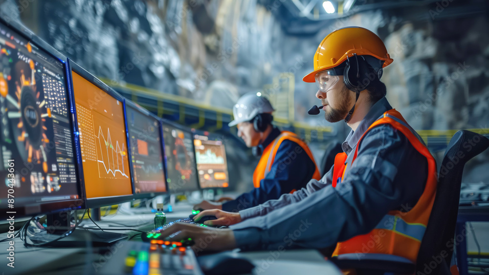 Mining engineers in an industrial setting collaborate in a control room, analyzing data on ...