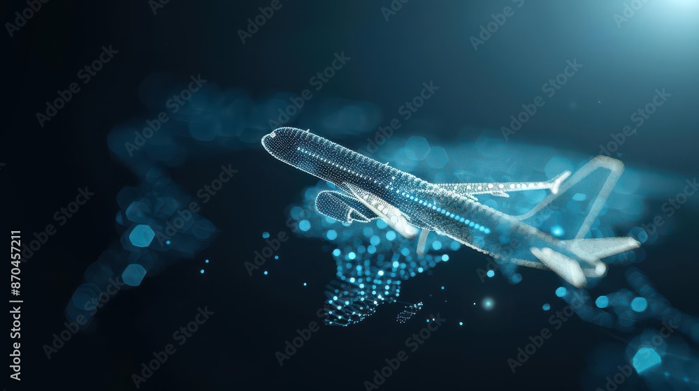 Low poly wireframe airplane flying across a world map composed of ...