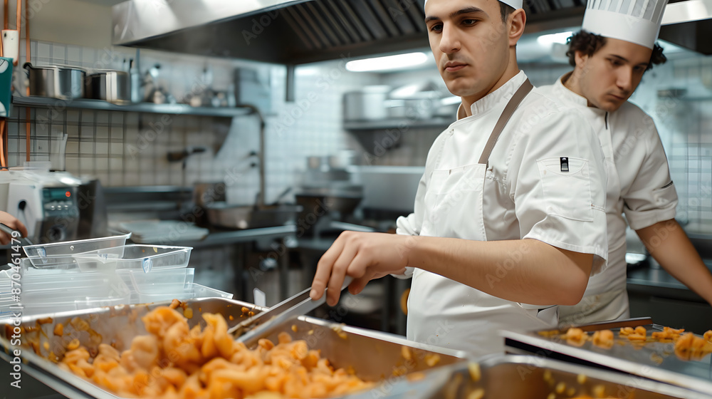 Two chefs in white uniforms and hats prepare food in a busy restaurant ...