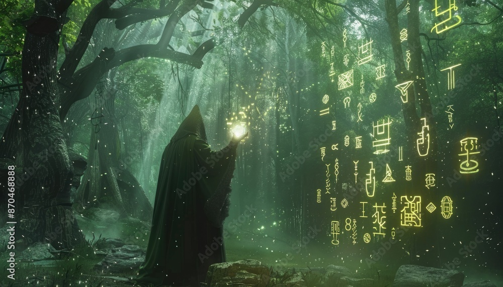 In an enchanted forest, a wizard performs rituals under an ancient tree ...