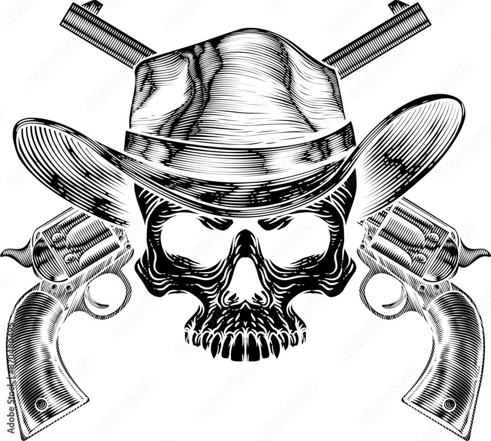 A cowboy grim reaper skull wearing a country or western style hat with ...