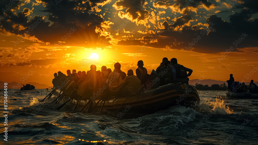 The photograph depicts refugees on a boat at sea during sunset ...