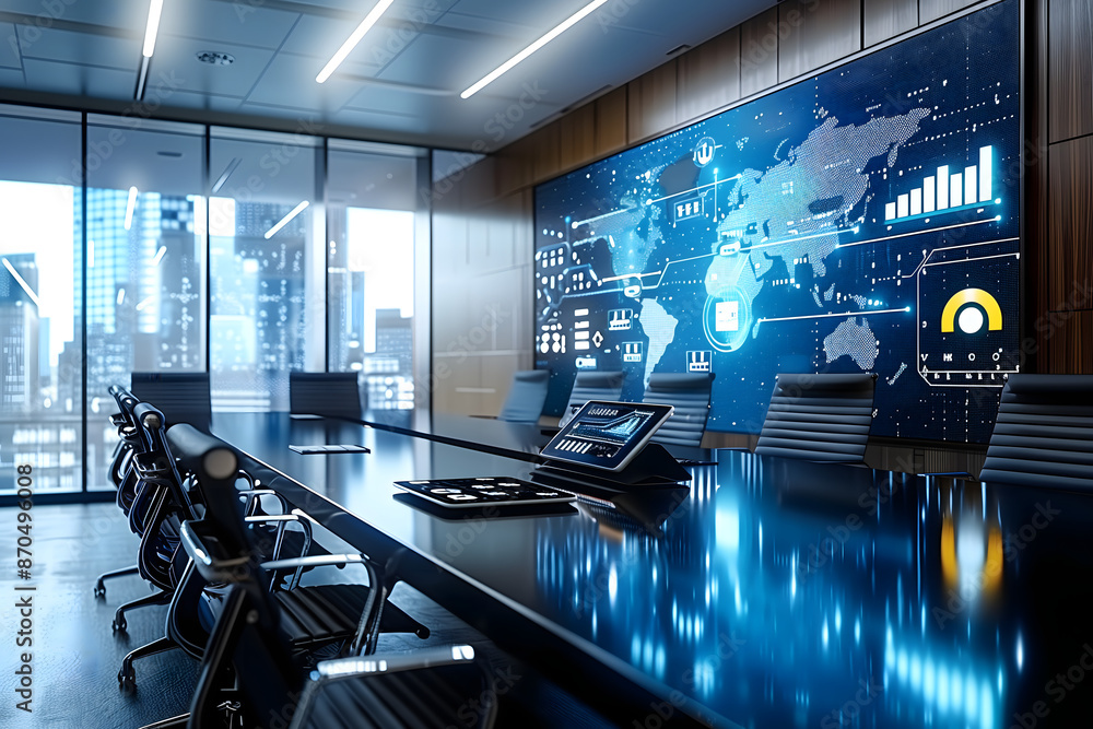 High-tech conference room large touch screen table chairs around ...