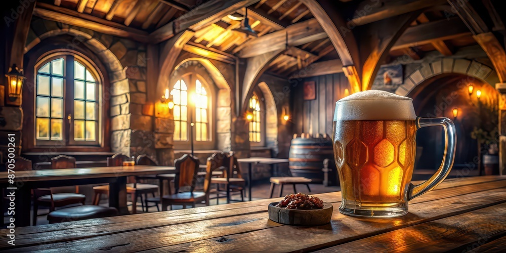 Stock-Illustration „Fantasy tavern with a full glass of beer for heroic ...