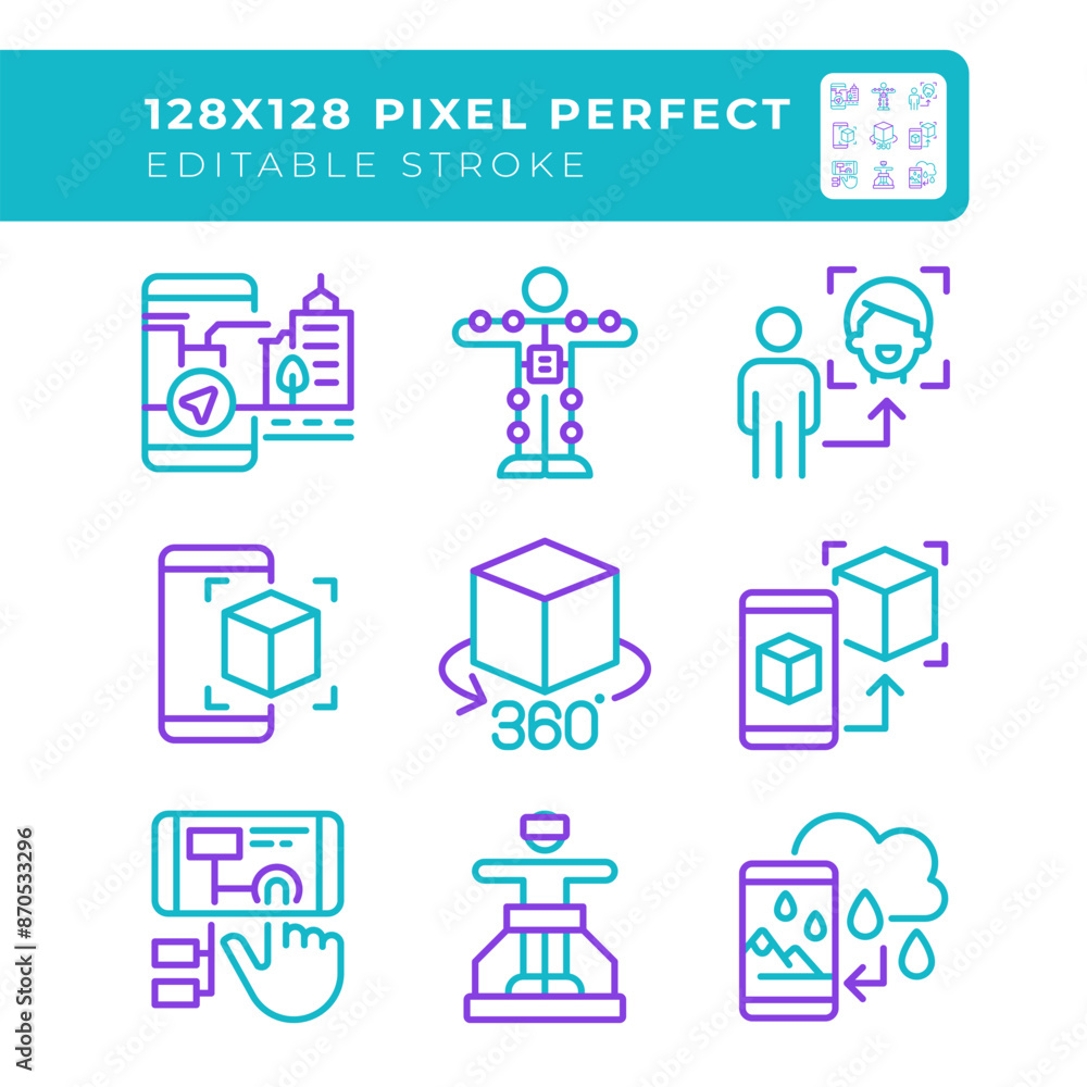 AR and VR technologies two color line icons set. Immersive experiences ...