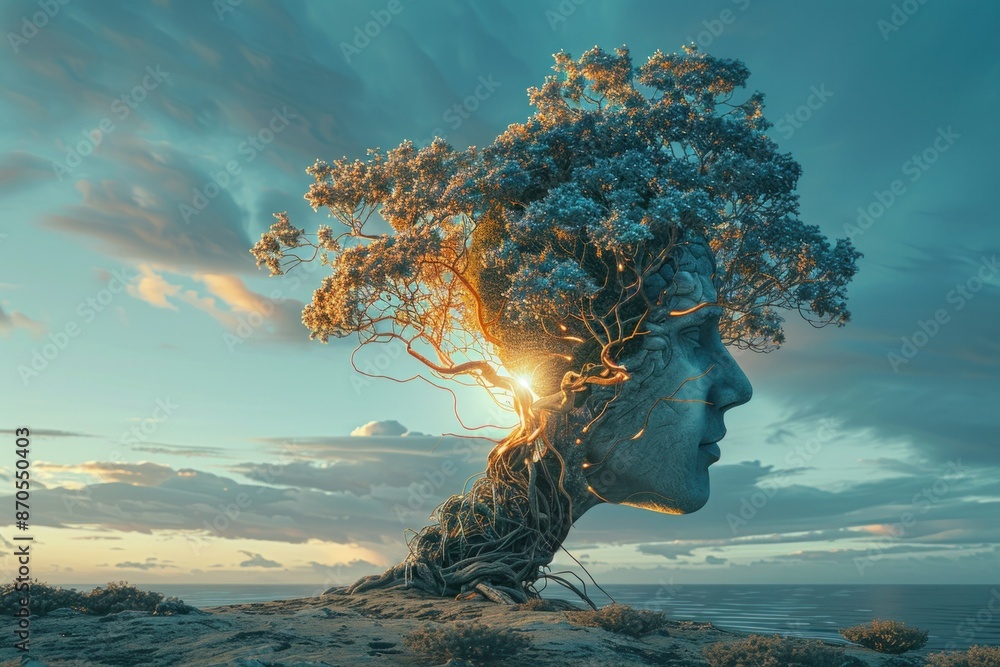 Man on top of mountain with tree growing out of head, symbolizing ...