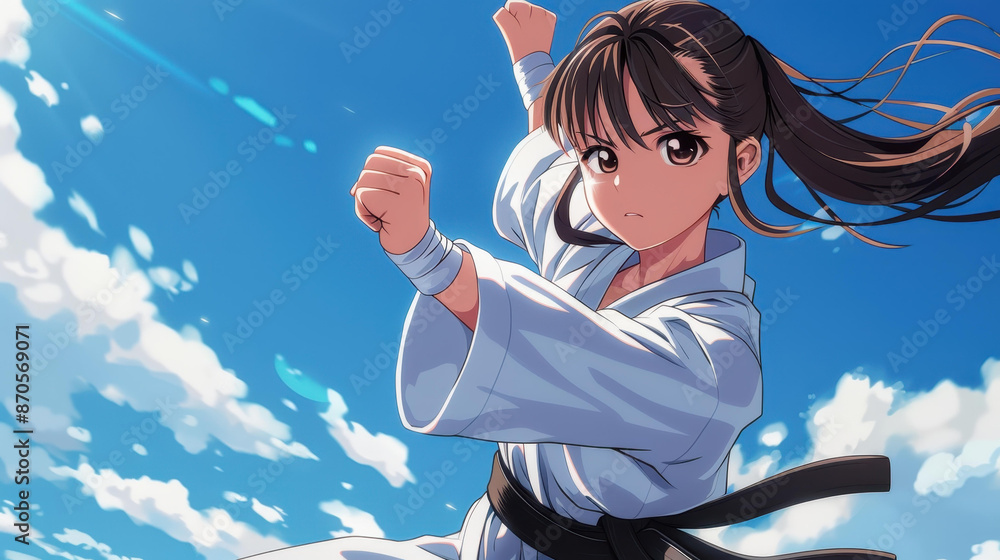 Animestyle illustration of a karate girl in a white kimono with a black ...