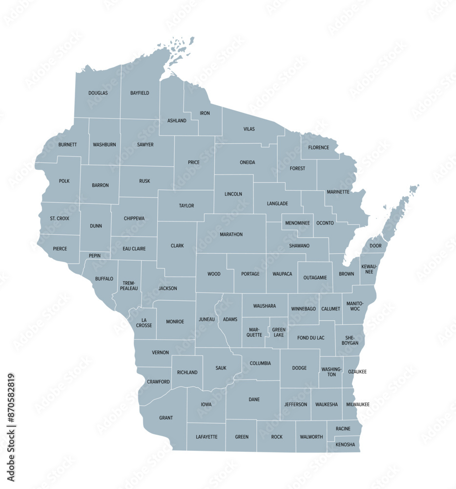 Wisconsin counties, gray political map. A state in the Great Lakes ...