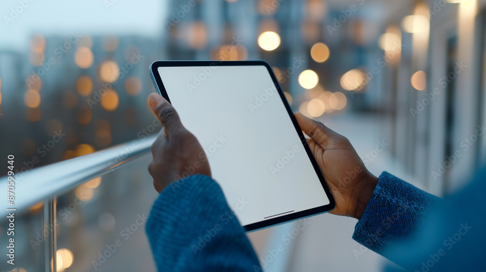hands in sleek blue suit jacket holding black tablet iPad Pro mockup ...