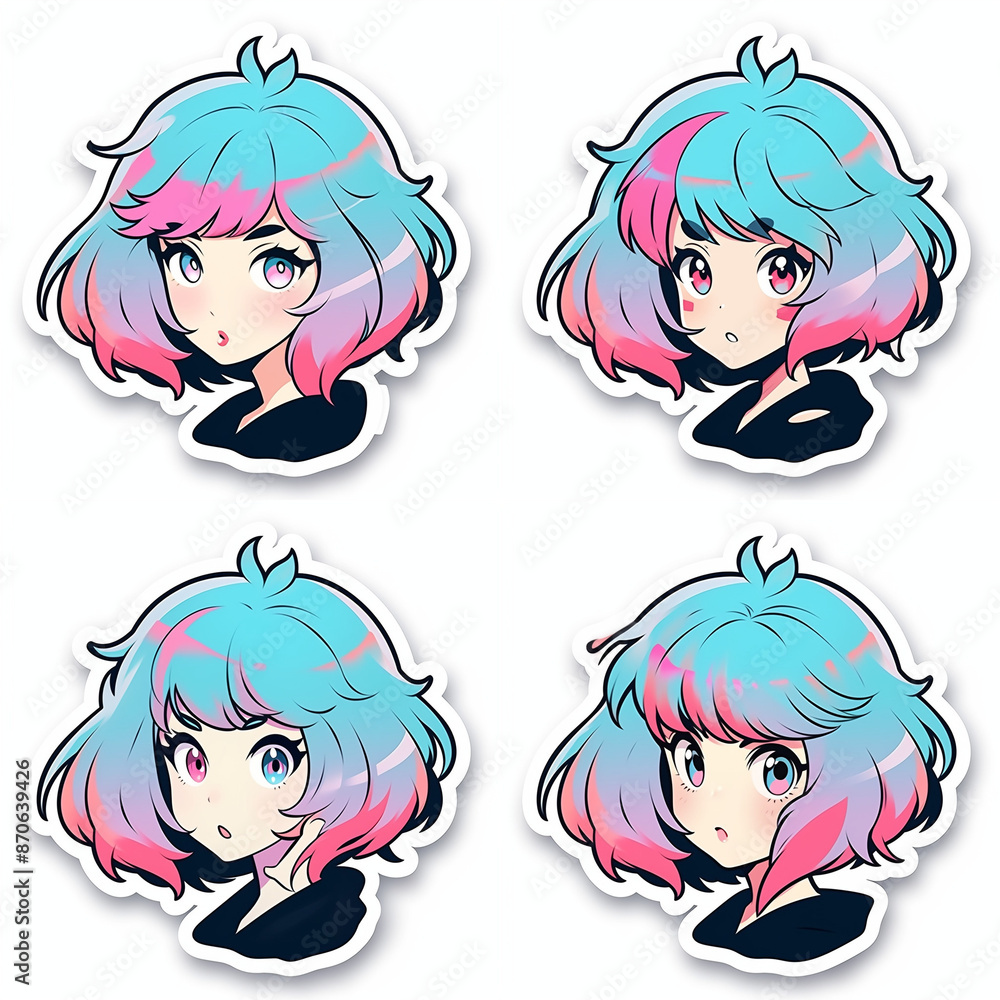 Anime girl character with blue and pink hair. Sprite sheet of female ...