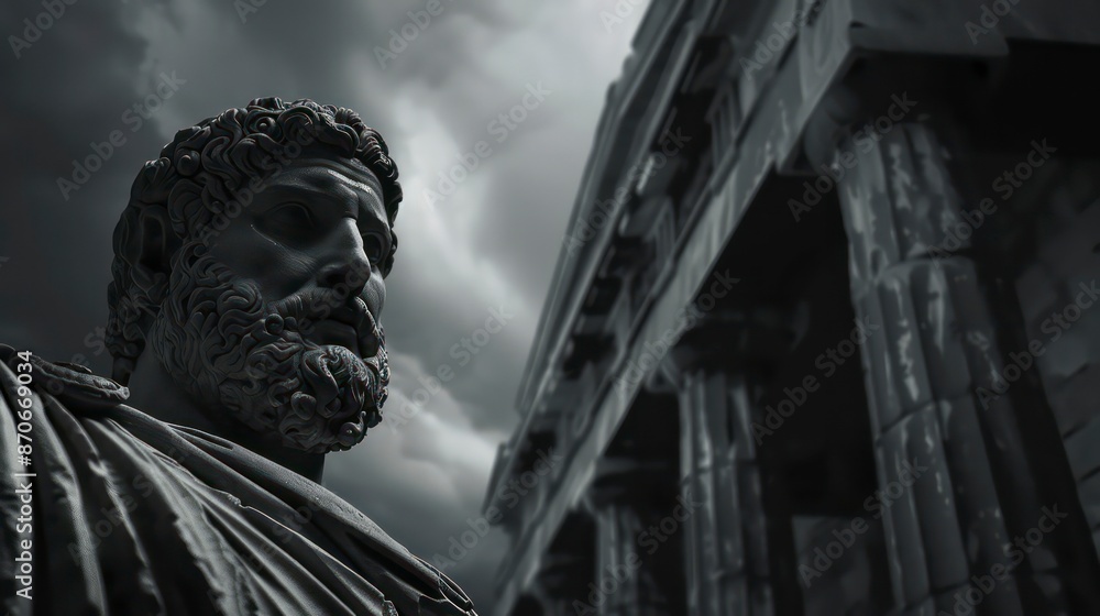towering statue of a muscular Greek man, representing stoicism, stands ...